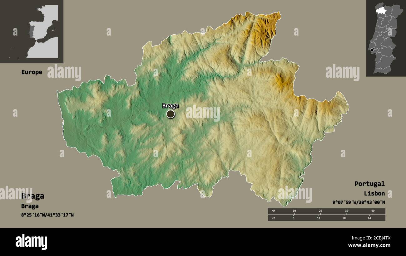 Shape of Braga, district of Portugal, and its capital. Distance scale ...