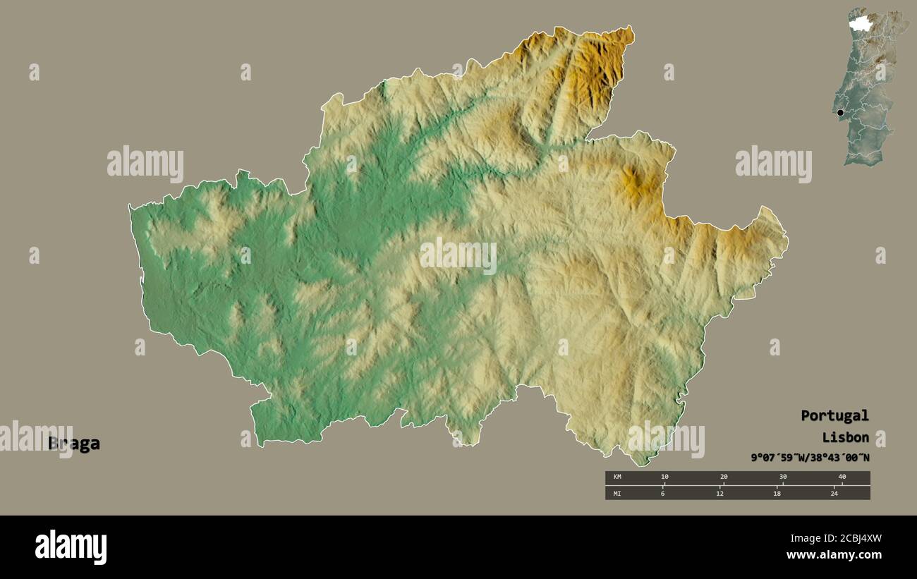 Shape of Braga, district of Portugal, with its capital isolated on ...