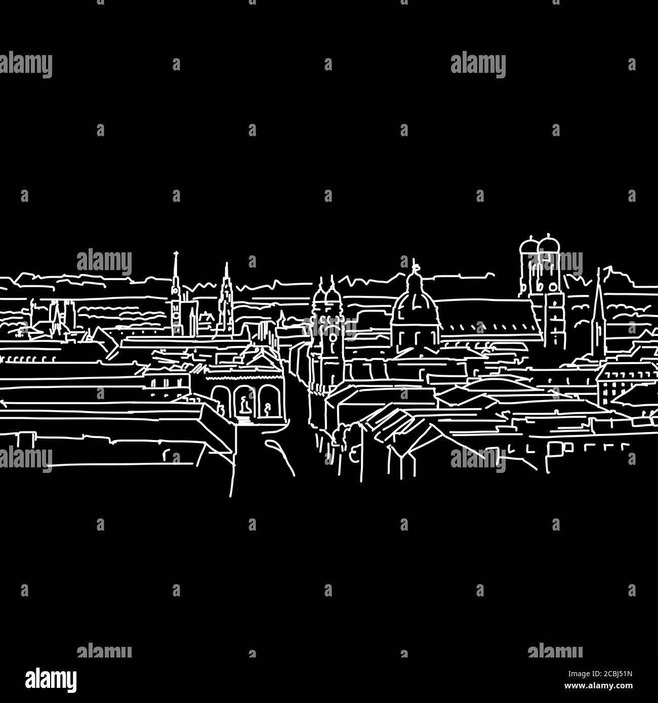 Munich skyline drawing . Black and white hand drawn illustration. Icon ...