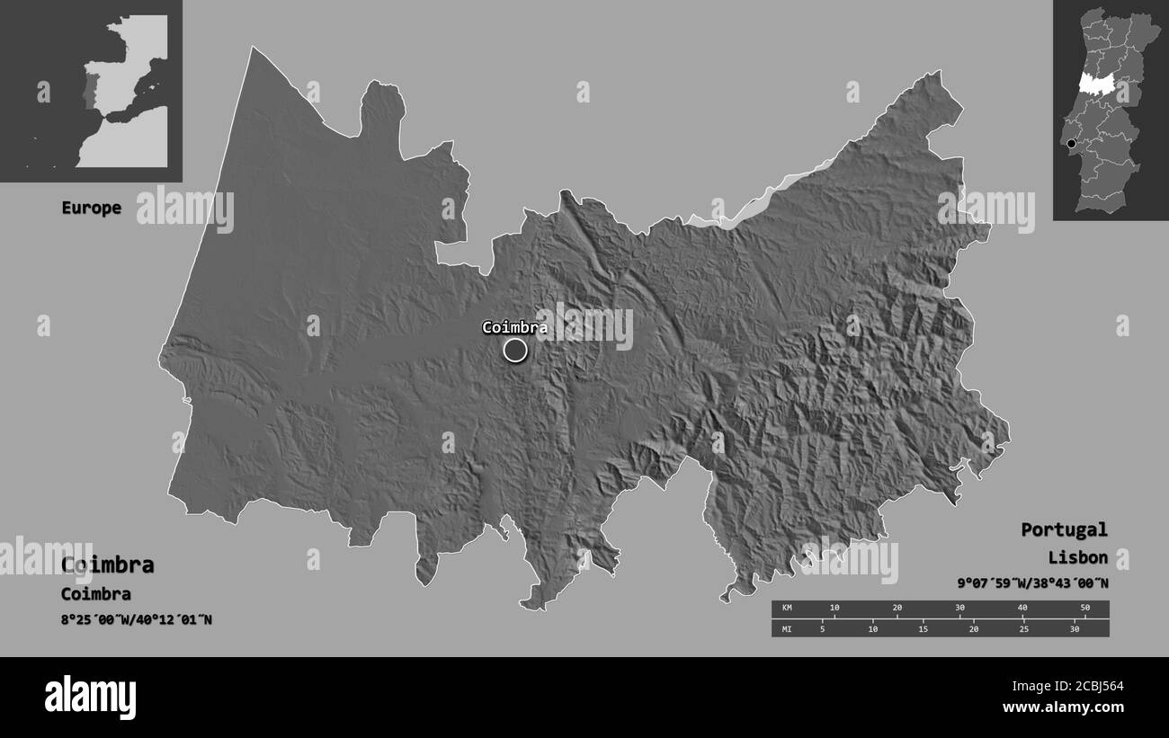 Shape of Coimbra, district of Portugal, and its capital. Distance scale ...