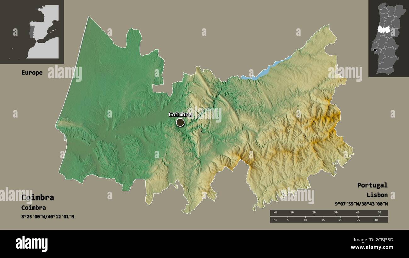 Shape of Coimbra, district of Portugal, and its capital. Distance scale ...