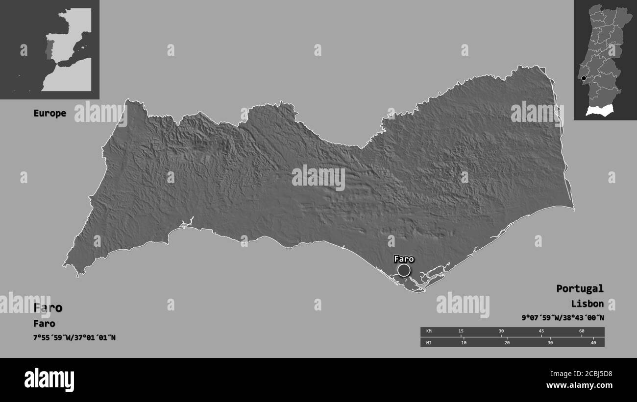 Shape of Faro, district of Portugal, and its capital. Distance scale ...