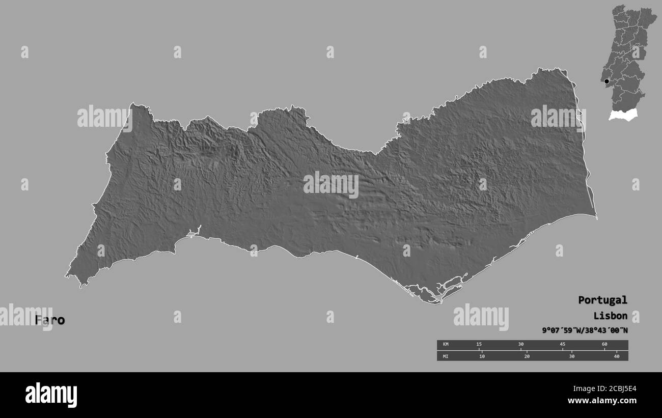 Shape of Faro, district of Portugal, with its capital isolated on solid ...
