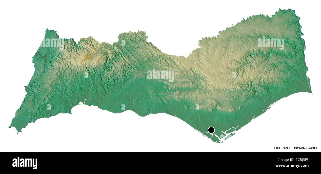 Shape of Faro, district of Portugal, with its capital isolated on white ...