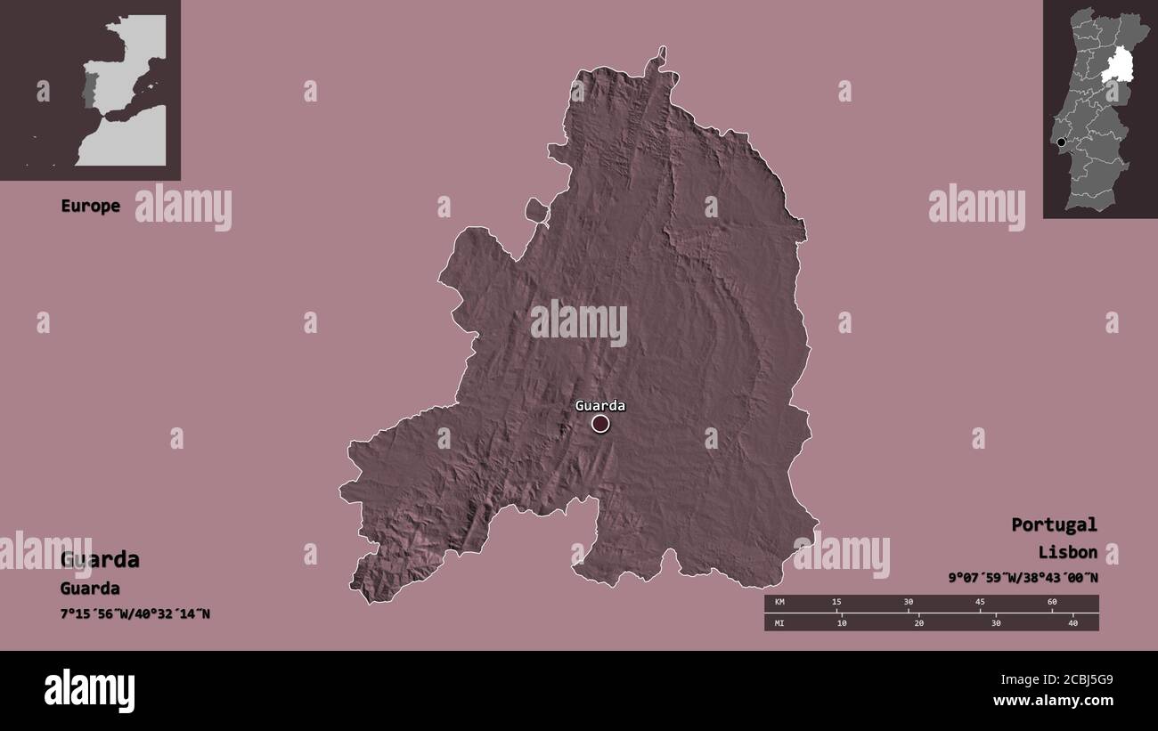 Shape of Guarda, district of Portugal, and its capital. Distance scale ...