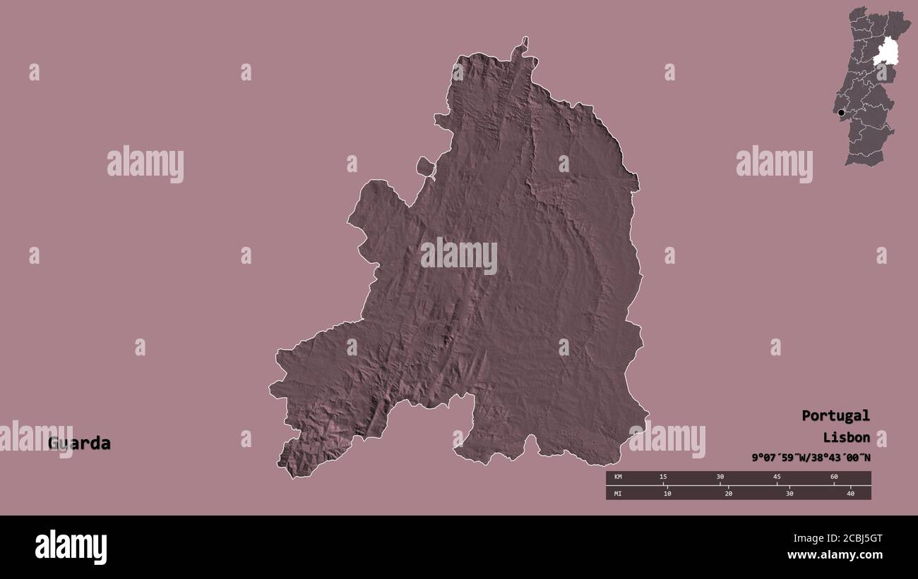 Shape of Guarda, district of Portugal, with its capital isolated on ...