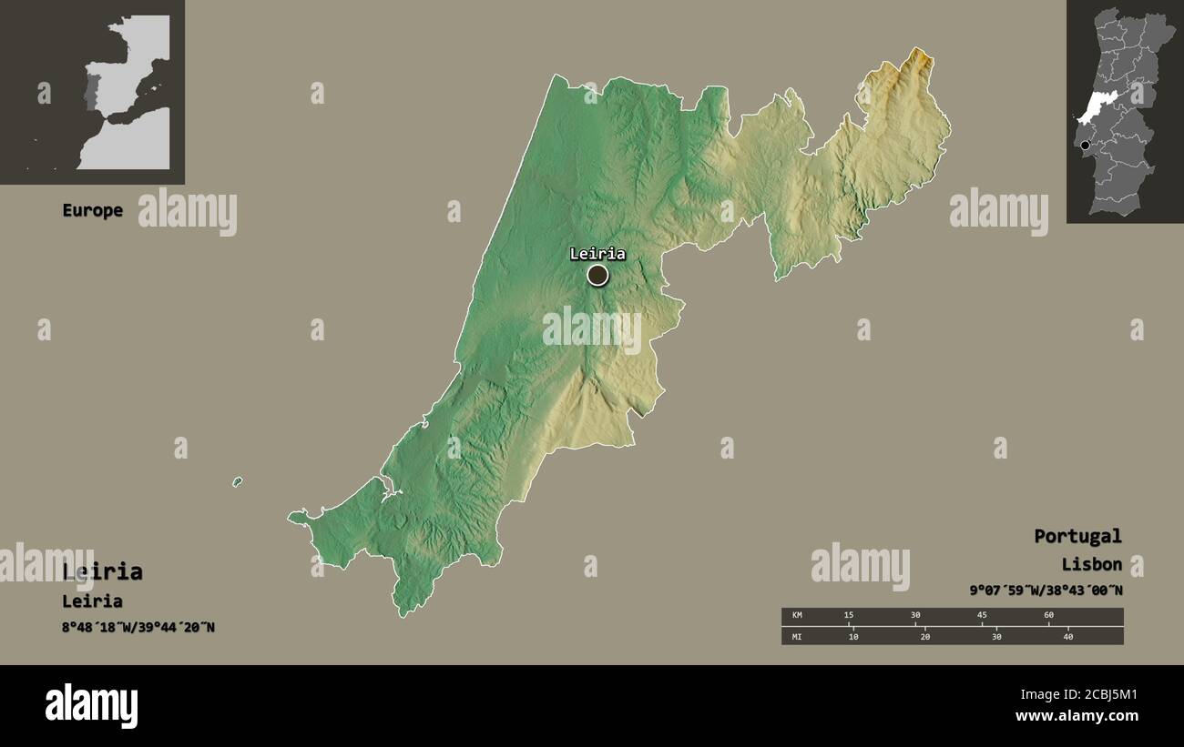 Shape of Leiria, district of Portugal, and its capital. Distance scale ...