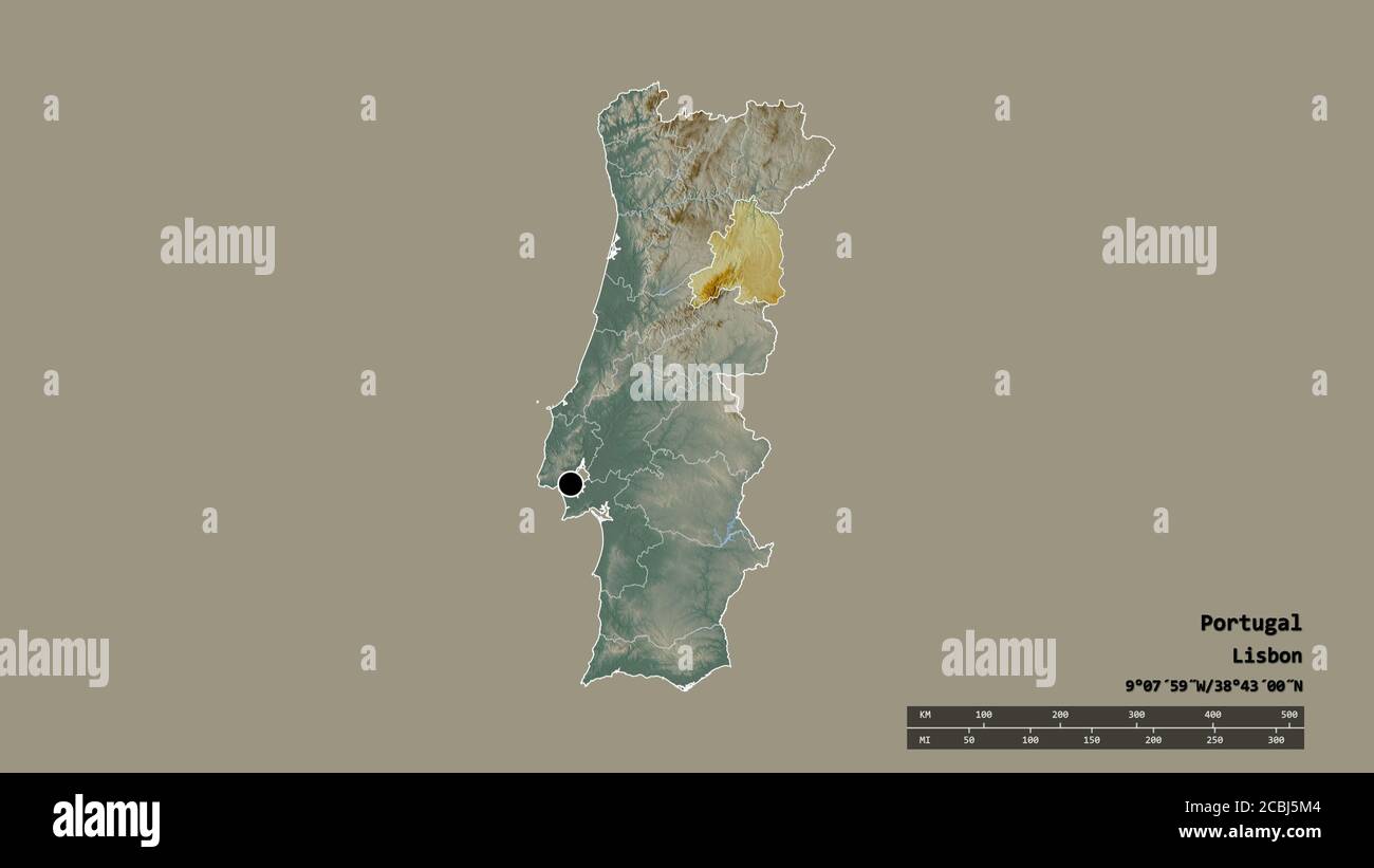 Desaturated shape of Portugal with its capital, main regional division ...
