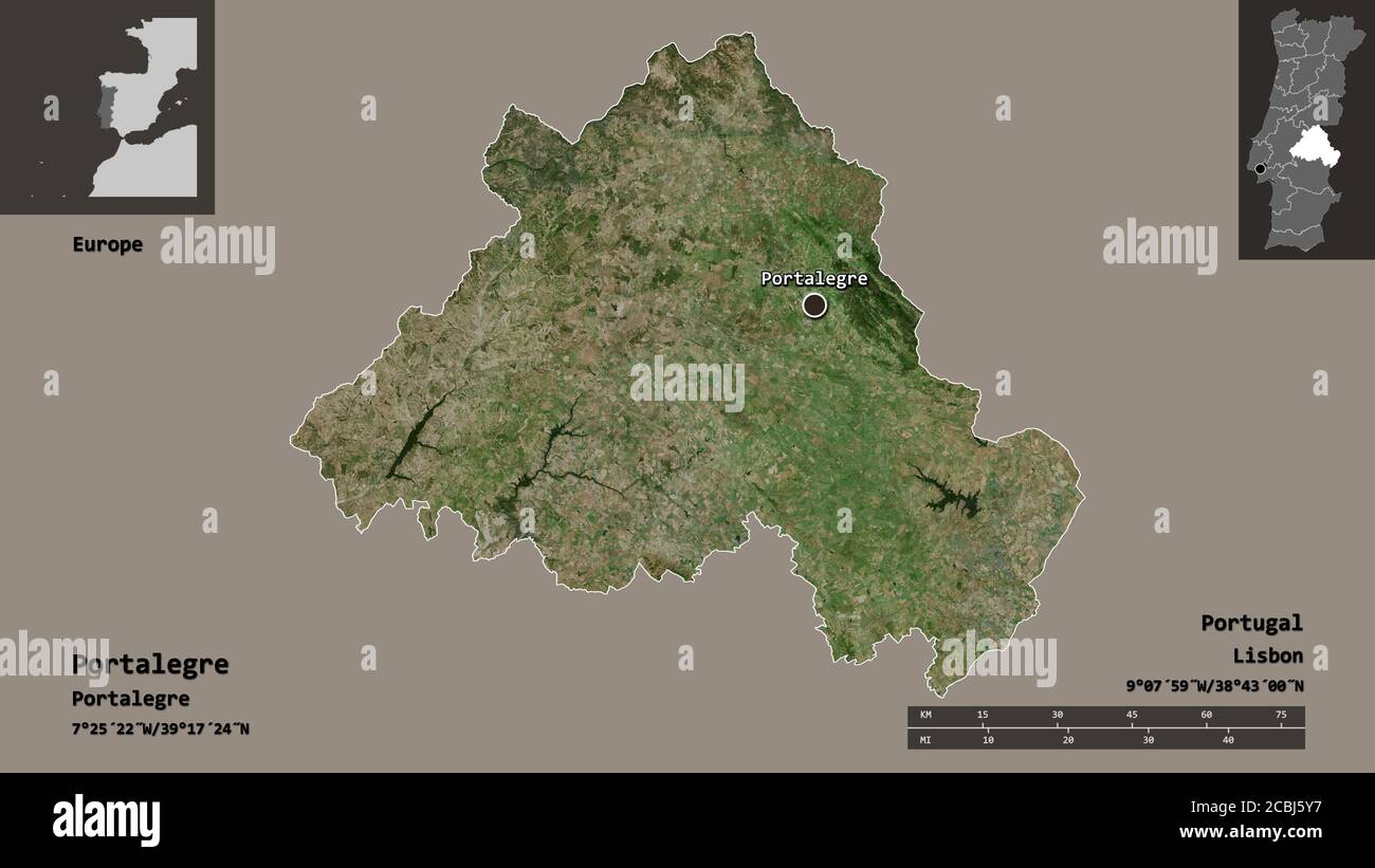 Shape of Portalegre, district of Portugal, and its capital. Distance ...