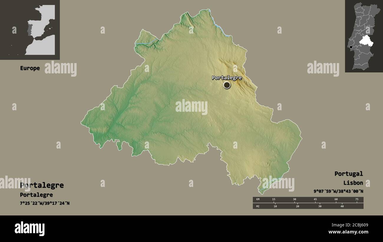 Shape of Portalegre, district of Portugal, and its capital. Distance ...