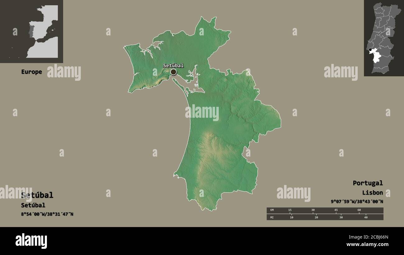 Shape of Setúbal, district of Portugal, and its capital. Distance scale ...