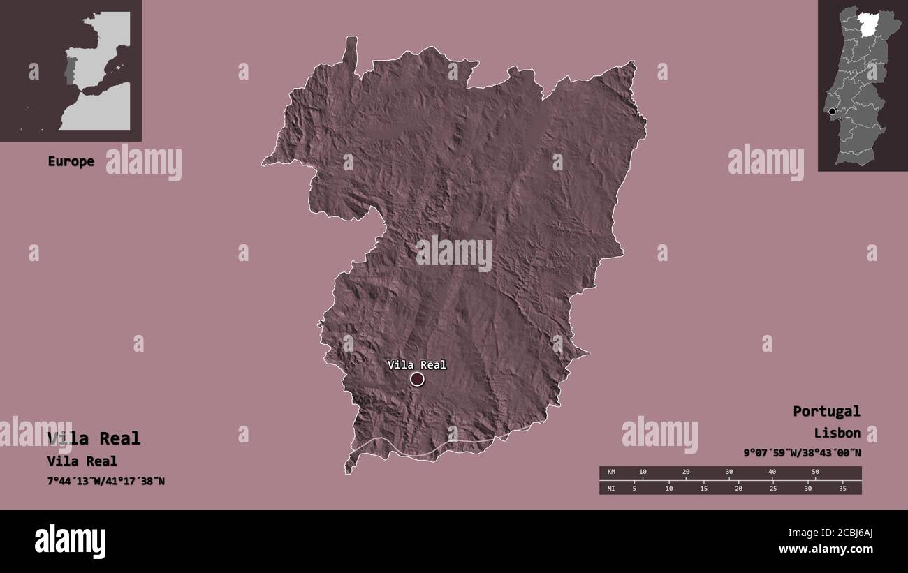 Shape of Vila Real, district of Portugal, and its capital. Distance ...