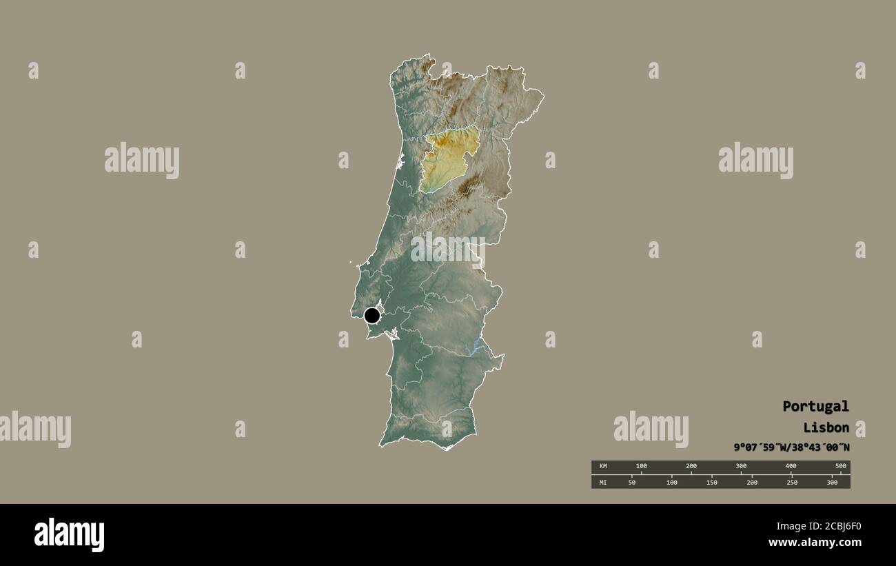 Desaturated shape of Portugal with its capital, main regional division ...