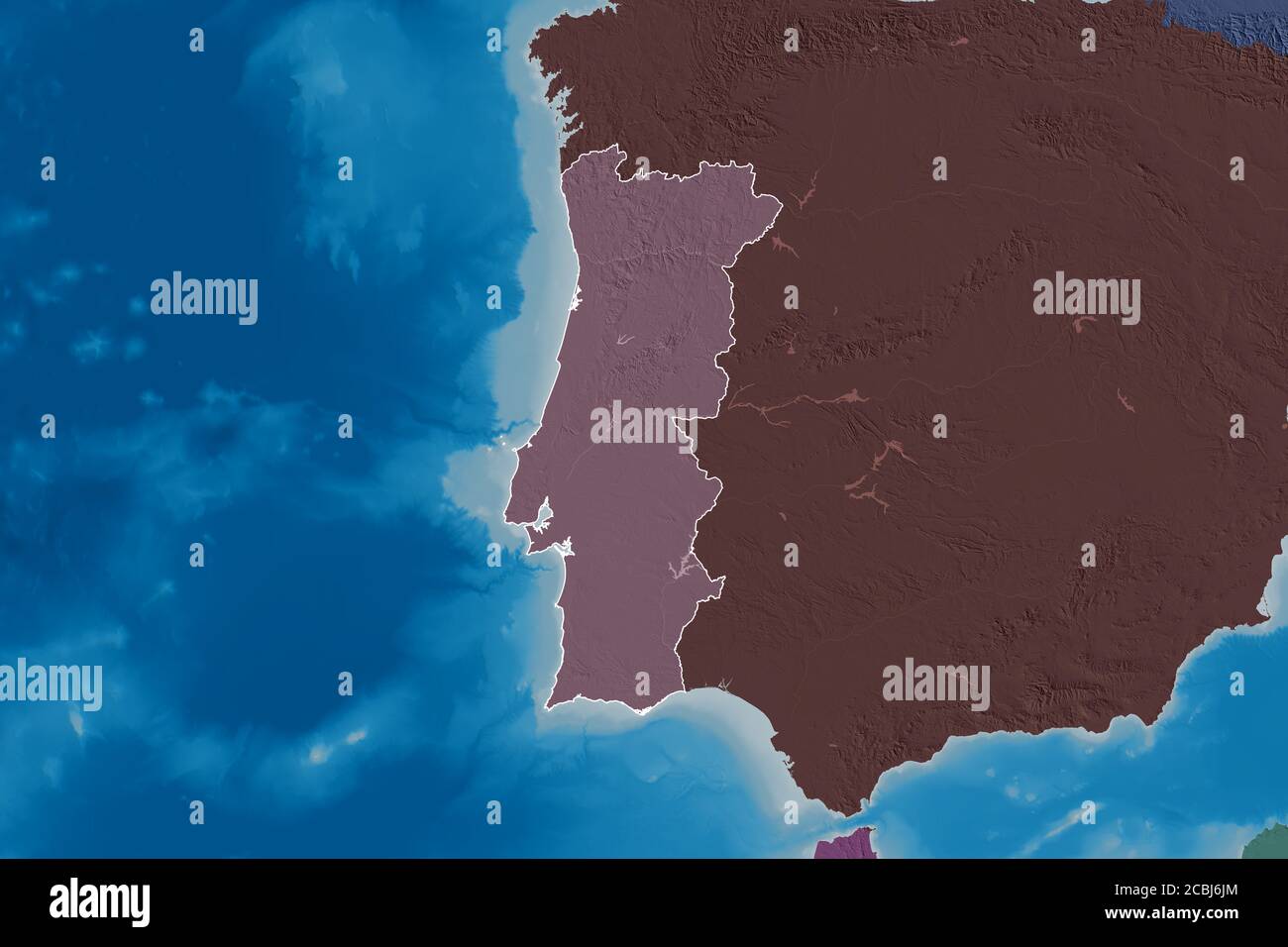 Extended area of outlined Portugal. Colored elevation map. 3D rendering ...