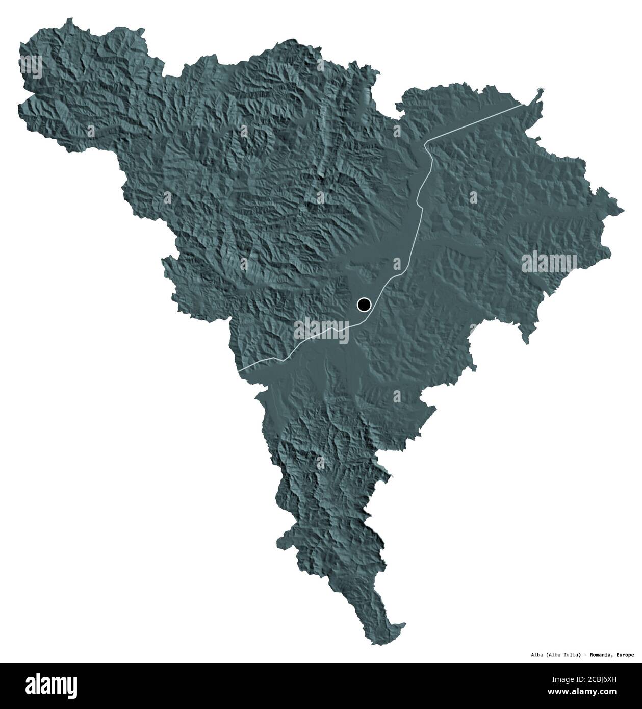 Shape of Alba, county of Romania, with its capital isolated on white ...