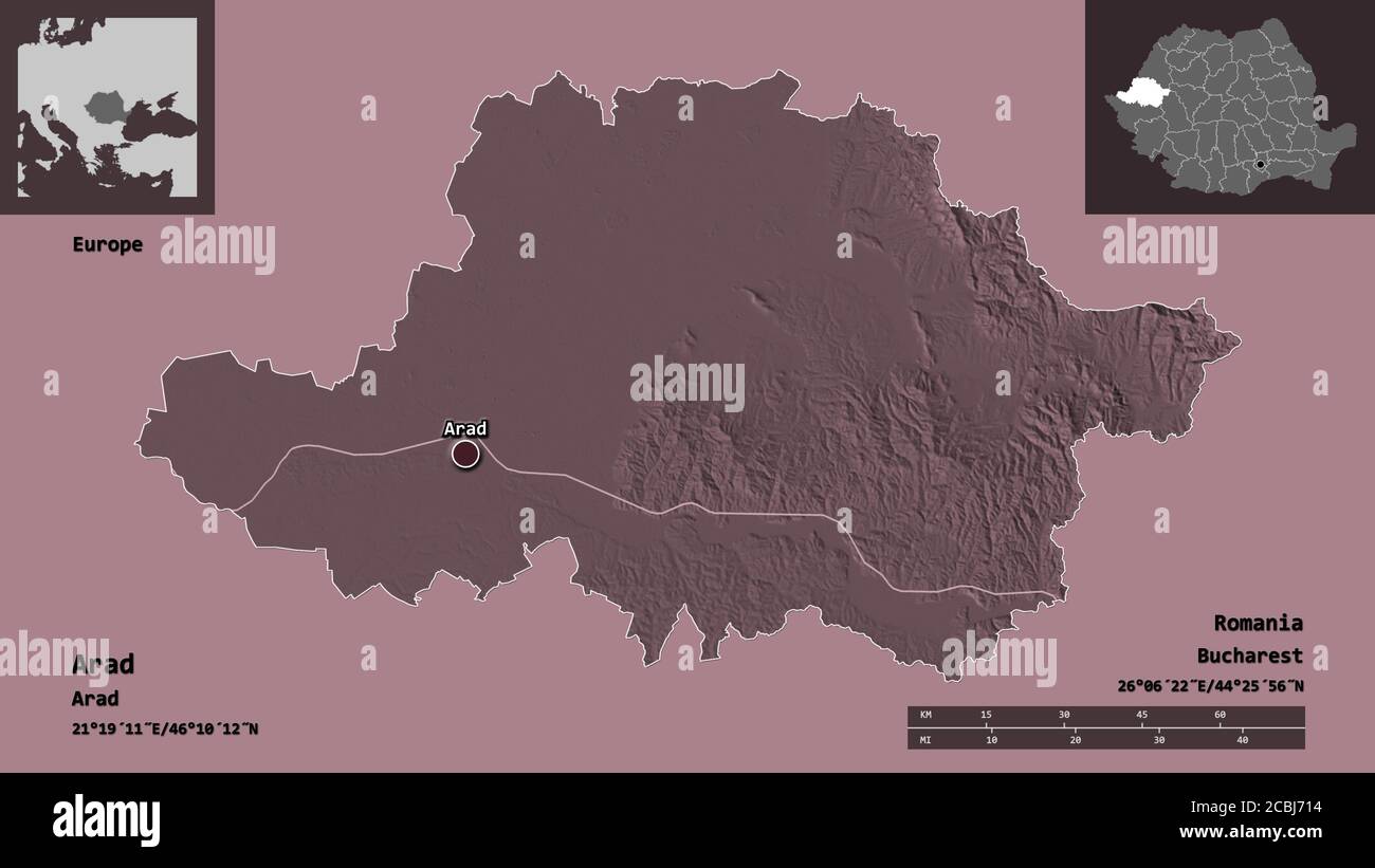 Shape of Arad, county of Romania, and its capital. Distance scale ...