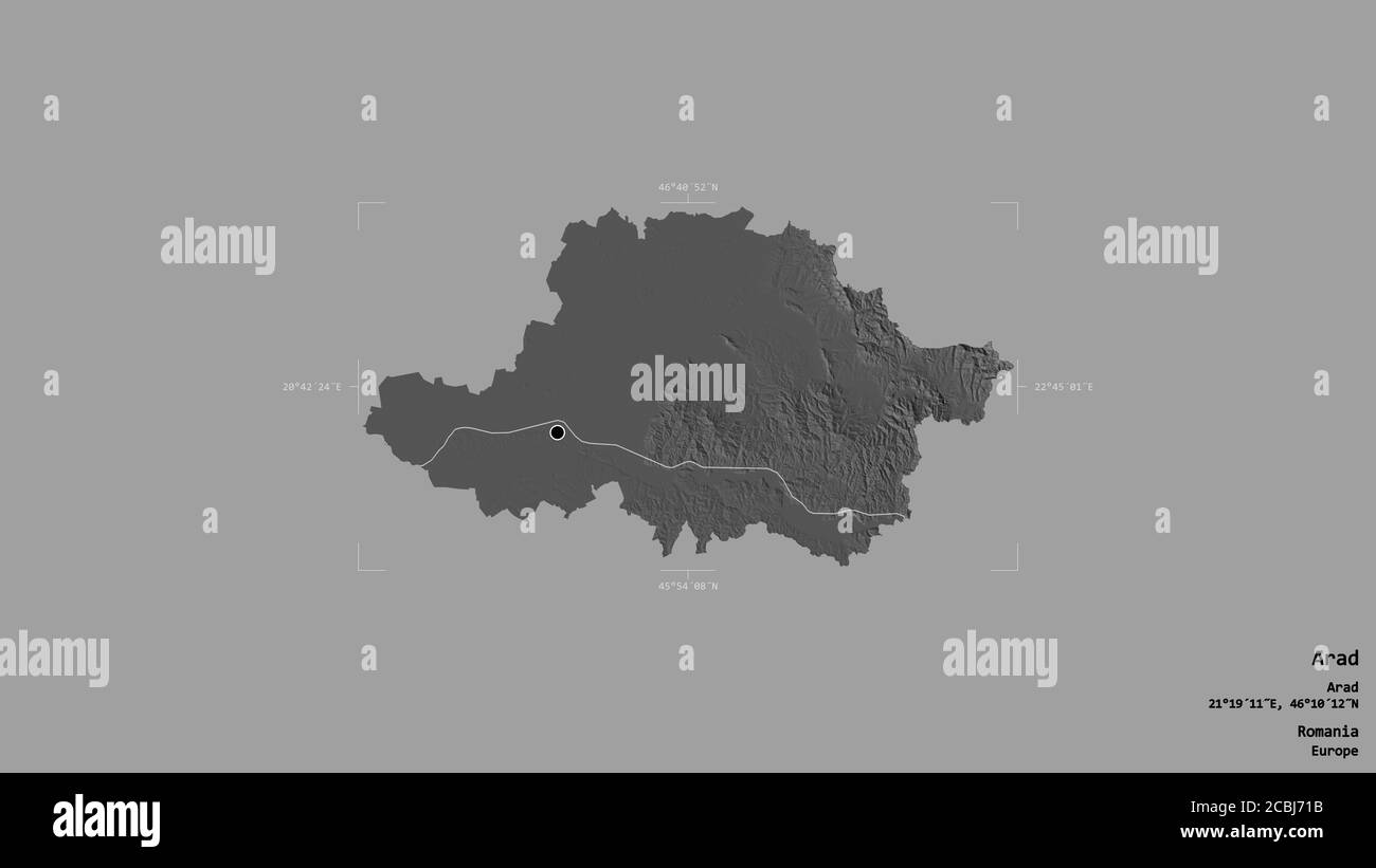 Area of Arad, county of Romania, isolated on a solid background in a ...