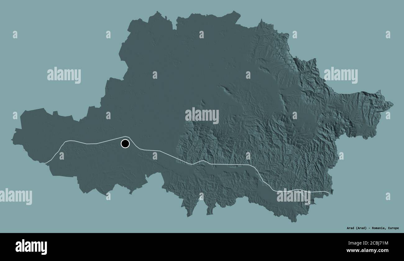 Shape of Arad, county of Romania, with its capital isolated on a solid ...