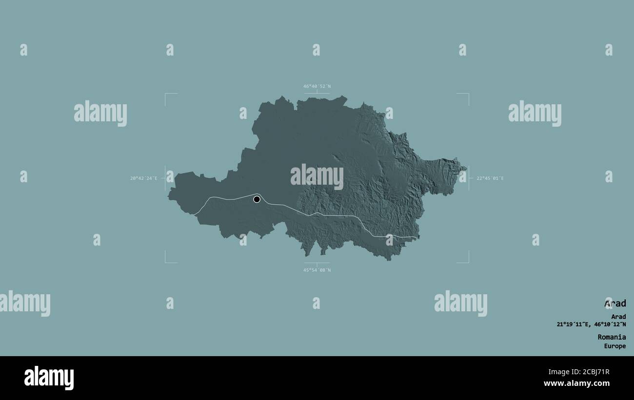 Area of Arad, county of Romania, isolated on a solid background in a ...