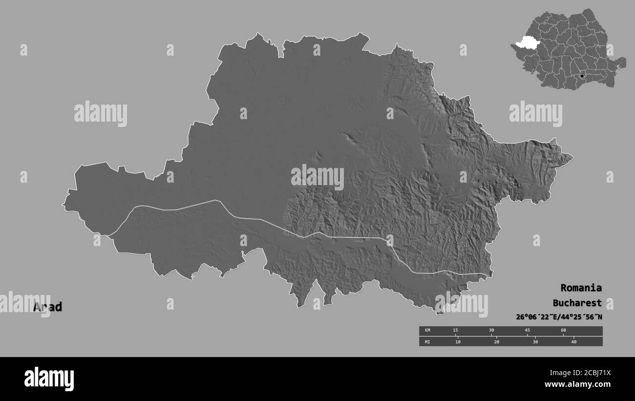 Shape of Arad, county of Romania, with its capital isolated on solid ...