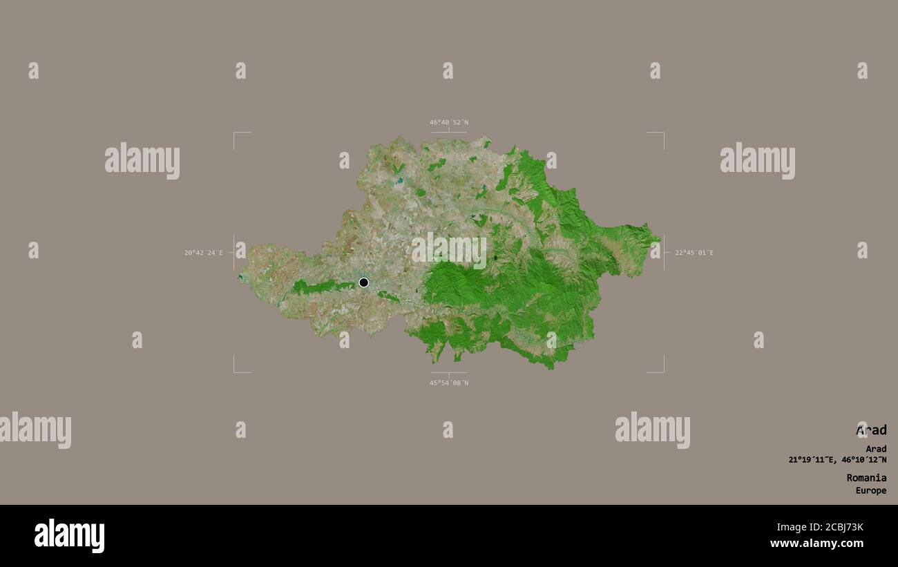 Area of Arad, county of Romania, isolated on a solid background in a ...