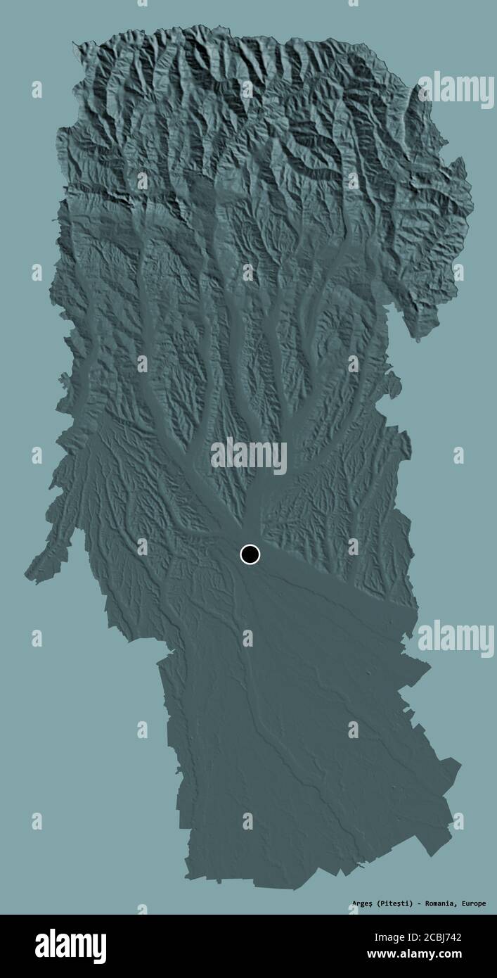 Shape of Argeș, county of Romania, with its capital isolated on a solid ...