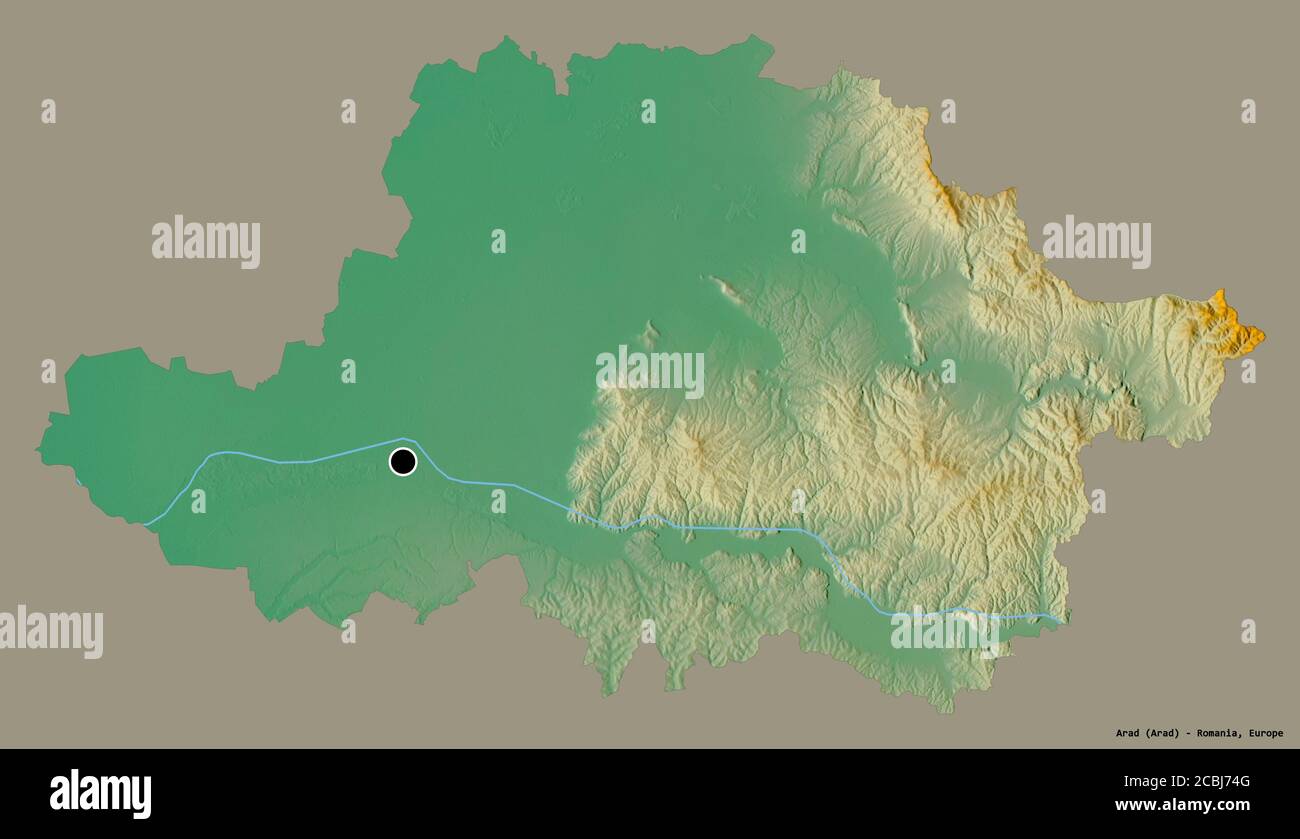 Shape of Arad, county of Romania, with its capital isolated on a solid ...