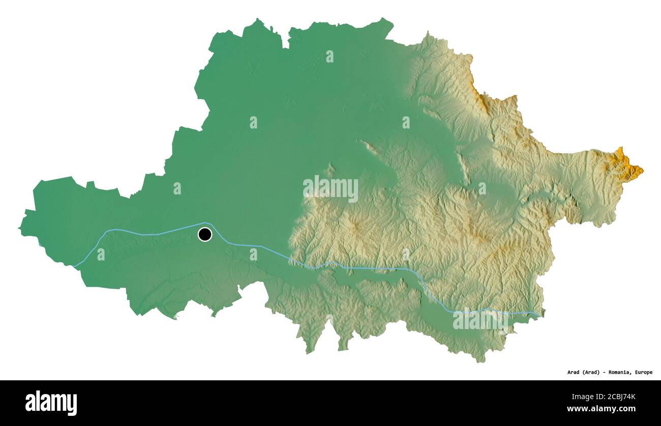 Shape of Arad, county of Romania, with its capital isolated on white ...