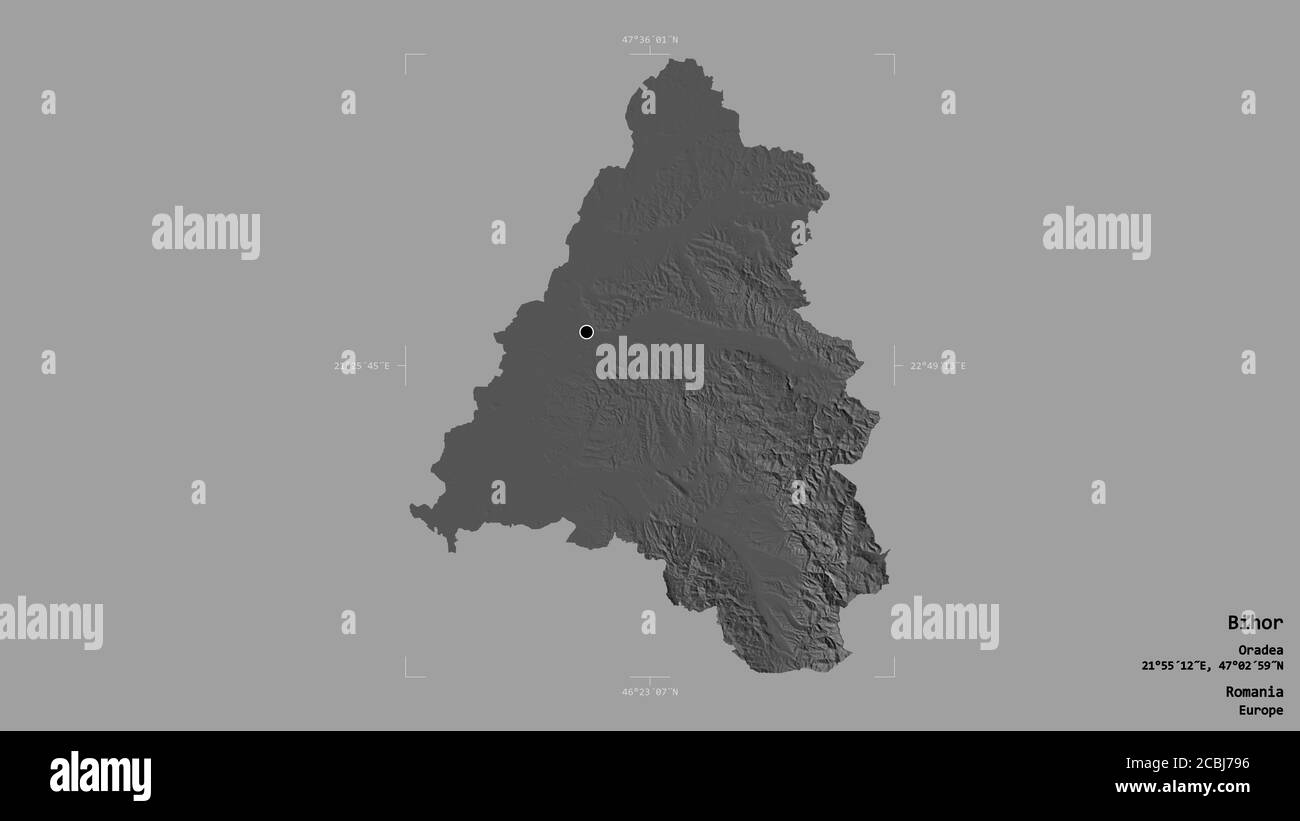 Area of Bihor, county of Romania, isolated on a solid background in a ...
