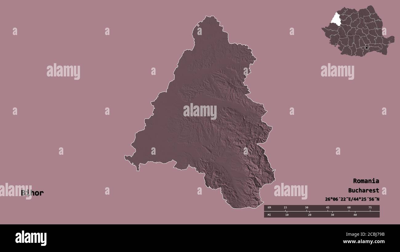 Shape of Bihor, county of Romania, with its capital isolated on solid ...