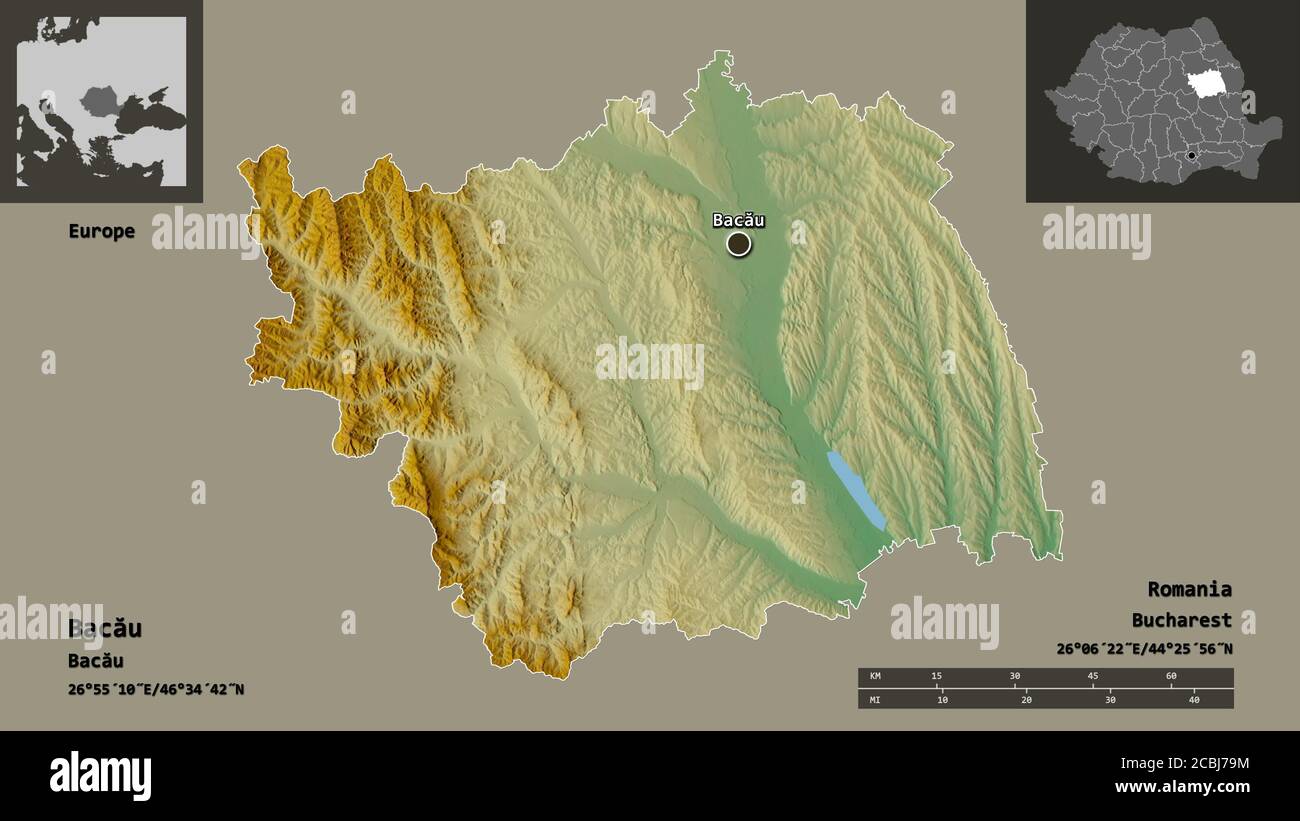 Shape of Bacău, county of Romania, and its capital. Distance scale ...