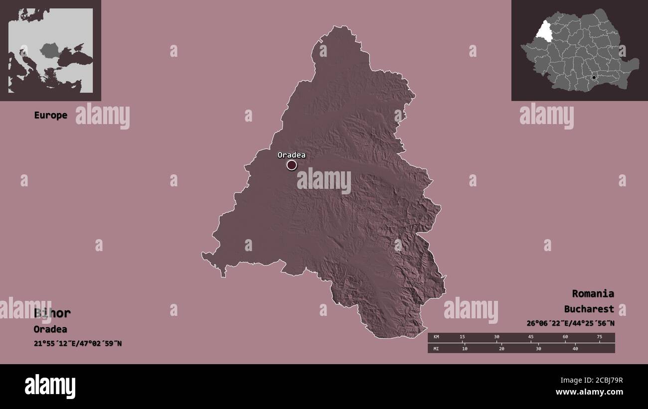 Shape of Bihor, county of Romania, and its capital. Distance scale ...