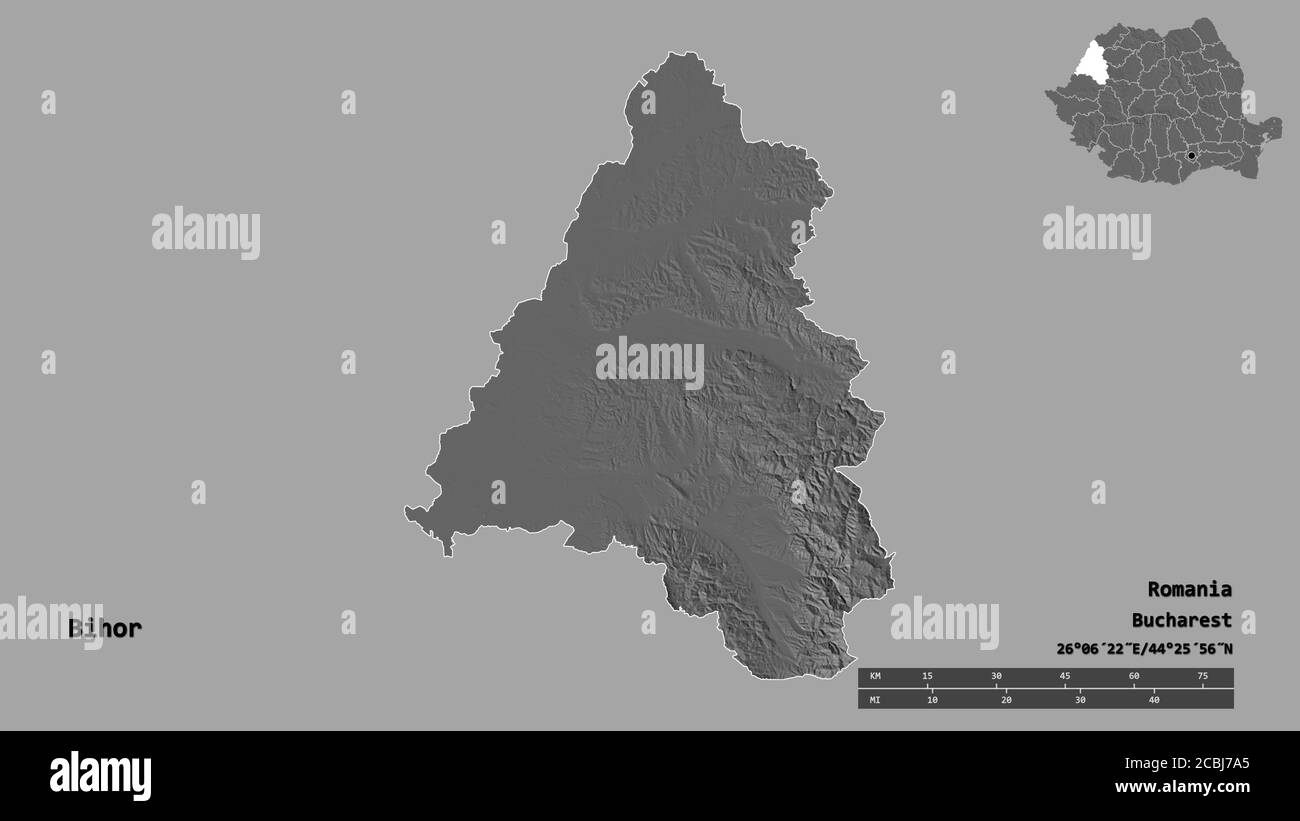 Shape of Bihor, county of Romania, with its capital isolated on solid ...