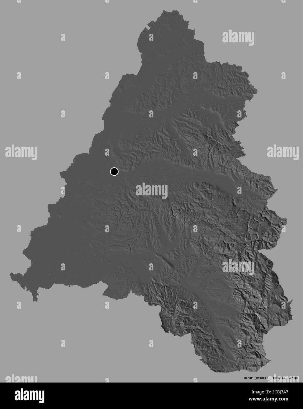Shape of Bihor, county of Romania, with its capital isolated on a solid ...