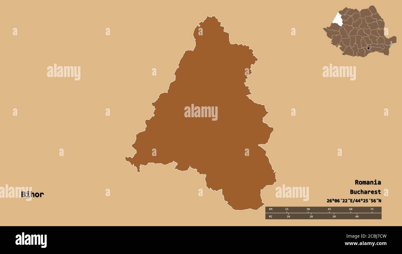 Shape of Bihor, county of Romania, with its capital isolated on solid ...