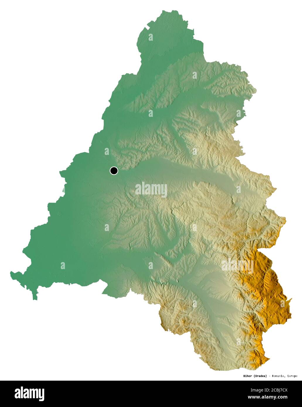 Shape of Bihor, county of Romania, with its capital isolated on white ...