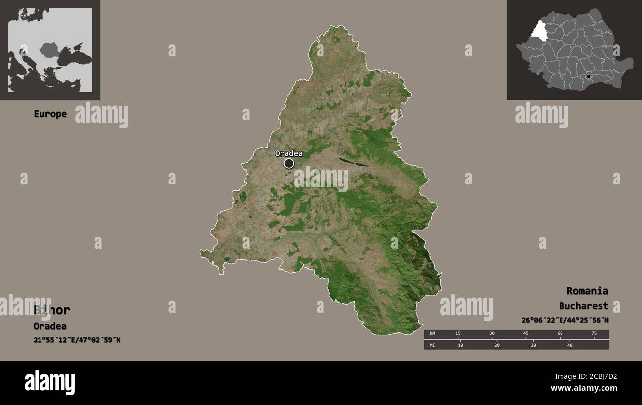 Shape of Bihor, county of Romania, and its capital. Distance scale ...