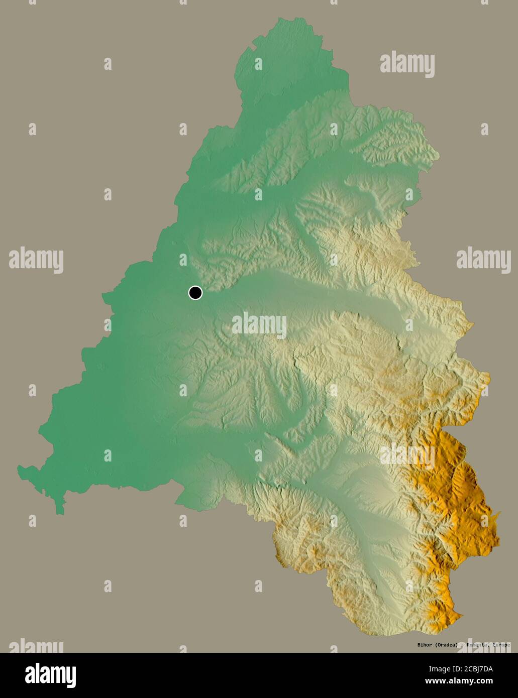 Shape of Bihor, county of Romania, with its capital isolated on a solid ...