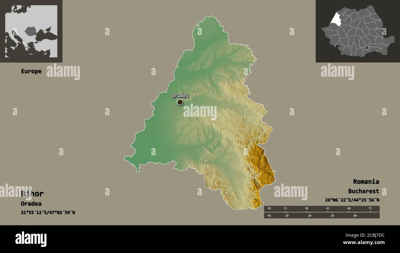 Shape of Bihor, county of Romania, and its capital. Distance scale ...