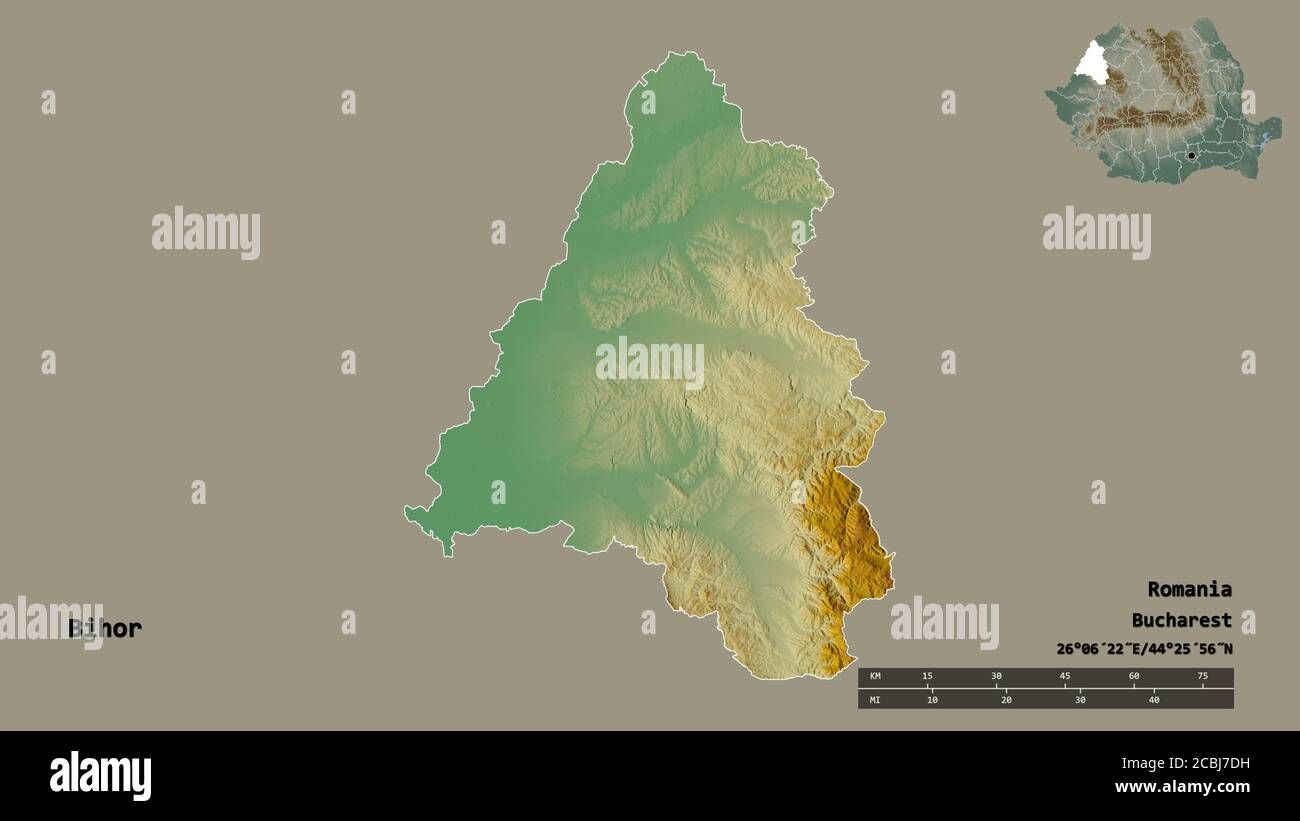 Shape of Bihor, county of Romania, with its capital isolated on solid ...
