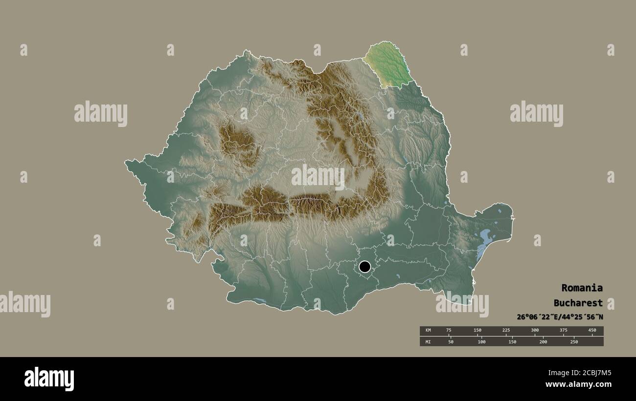 Desaturated shape of Romania with its capital, main regional division ...