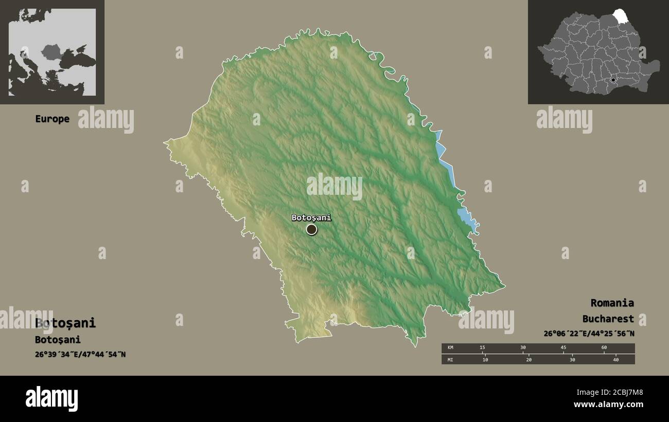 Shape of Botoșani, county of Romania, and its capital. Distance scale ...