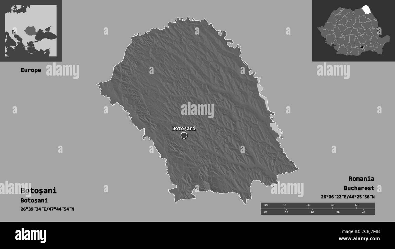 Shape of Botoșani, county of Romania, and its capital. Distance scale ...