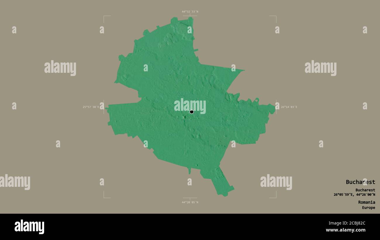 Area of Bucharest, municipality of Romania, isolated on a solid ...