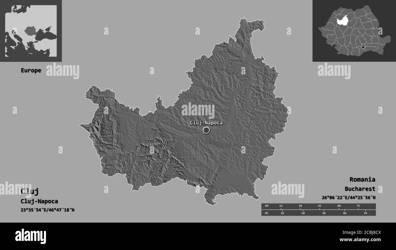 Shape of Cluj, county of Romania, and its capital. Distance scale ...