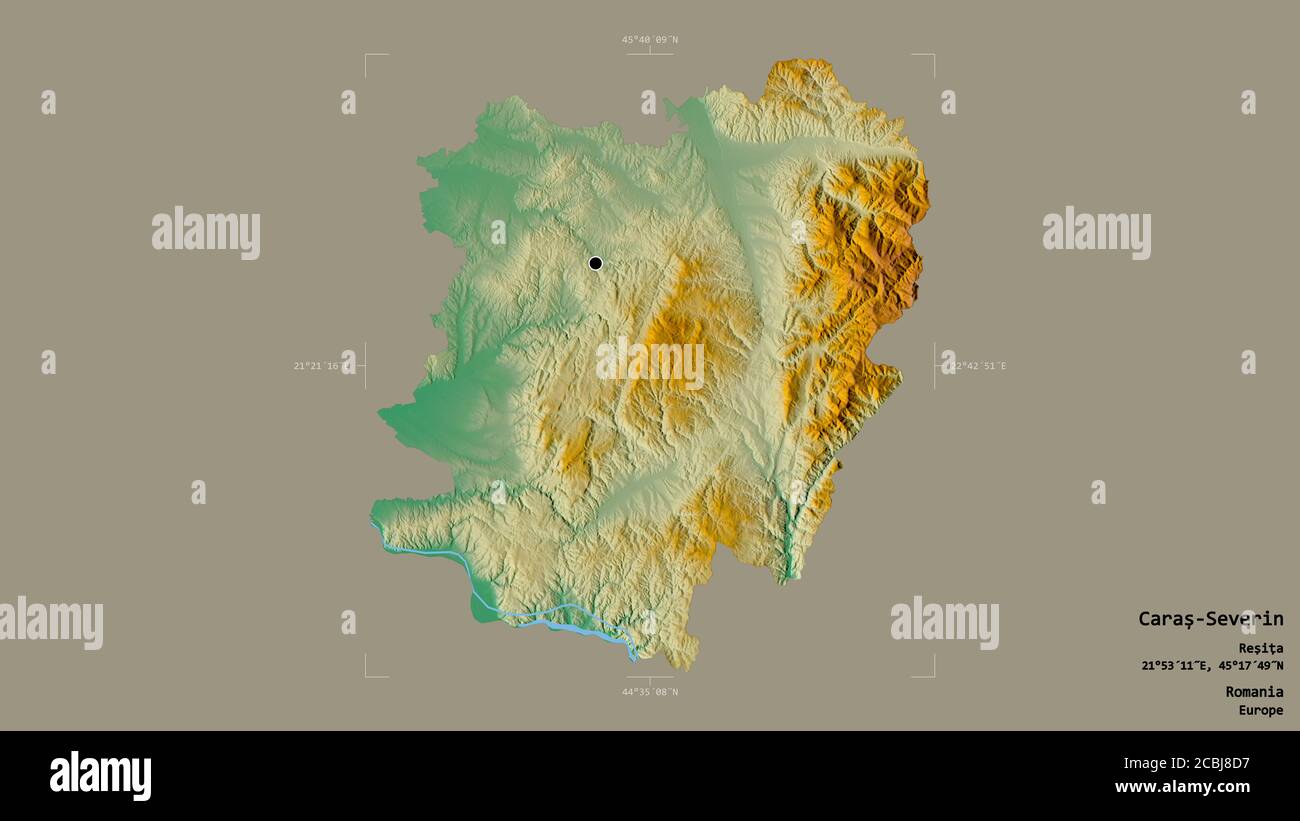 Area of Caraș-Severin, county of Romania, isolated on a solid ...