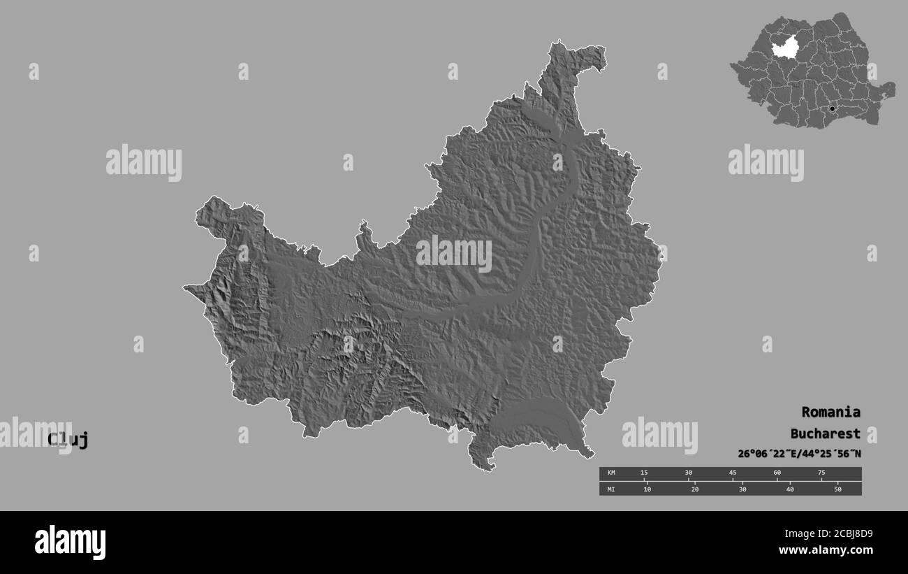 Shape of Cluj, county of Romania, with its capital isolated on solid ...