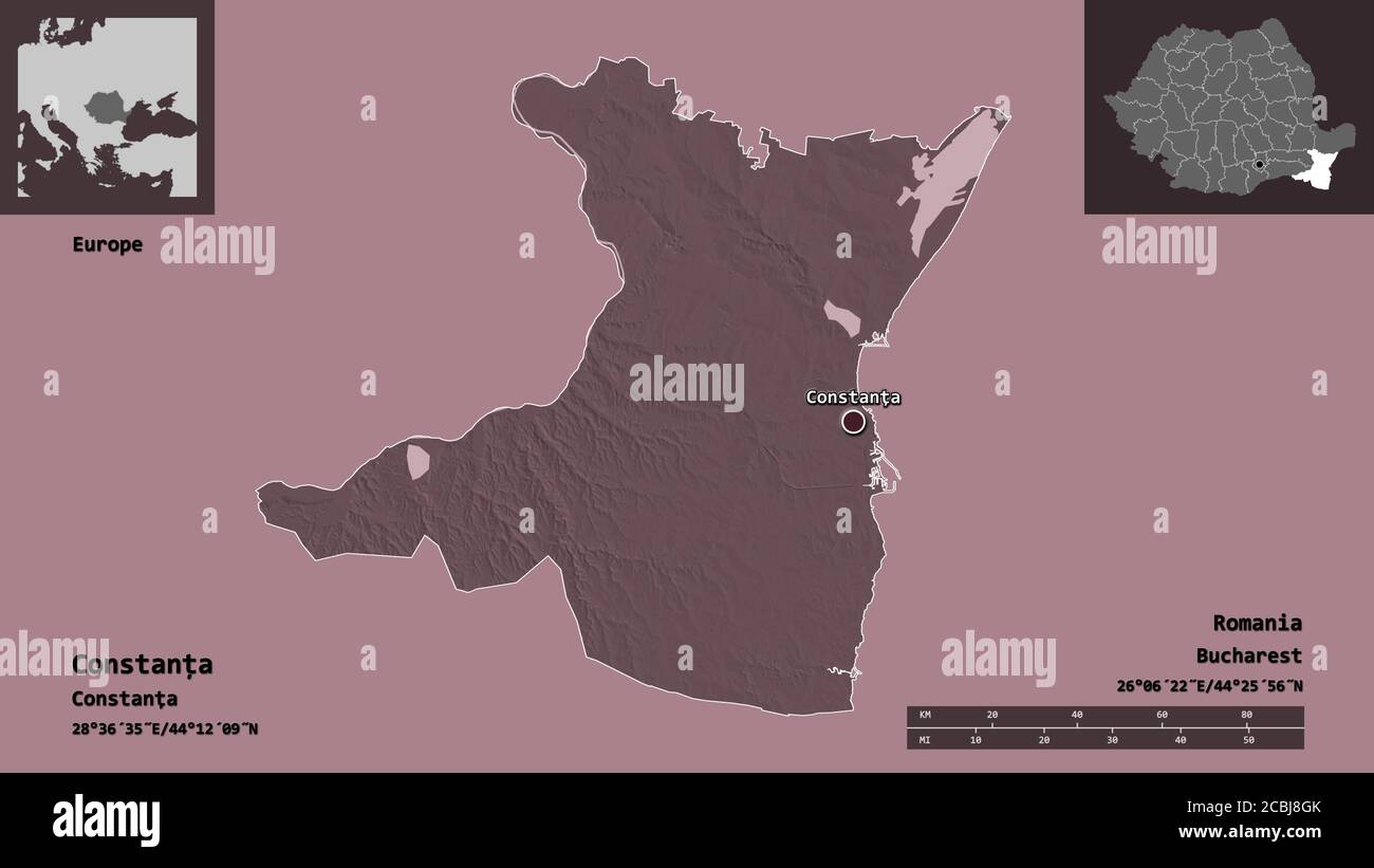 Shape of Constanța, county of Romania, and its capital. Distance scale ...