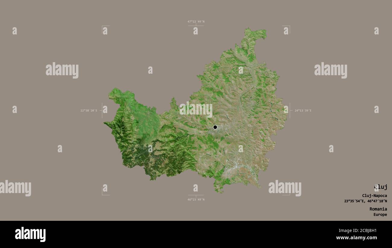 Area of Cluj, county of Romania, isolated on a solid background in a ...