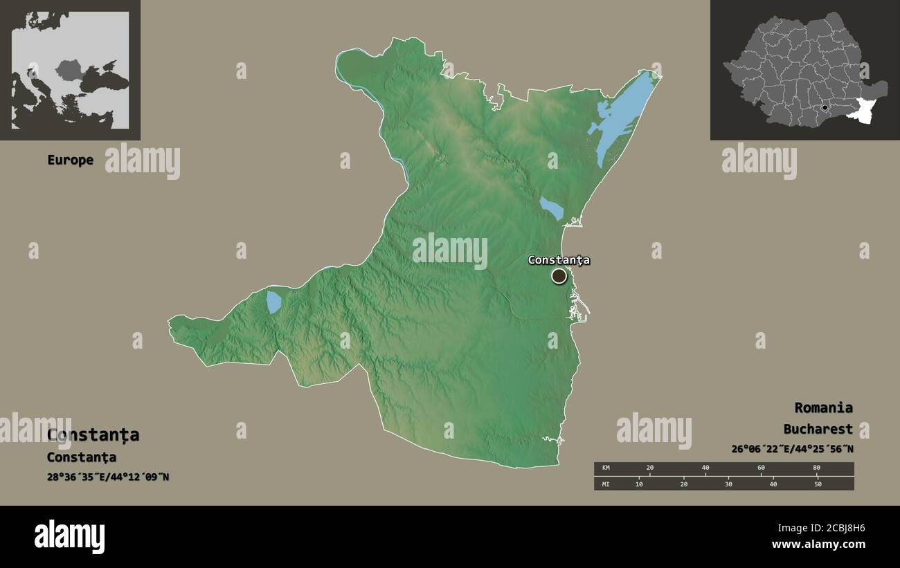 Shape of Constanța, county of Romania, and its capital. Distance scale ...